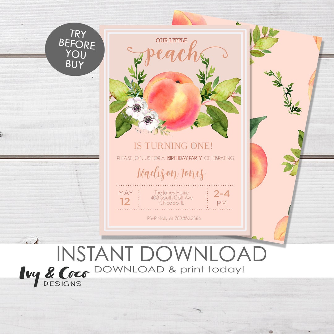Peach Birthday Invitations, 1st Birthday Invitations Girl Peach, One ...