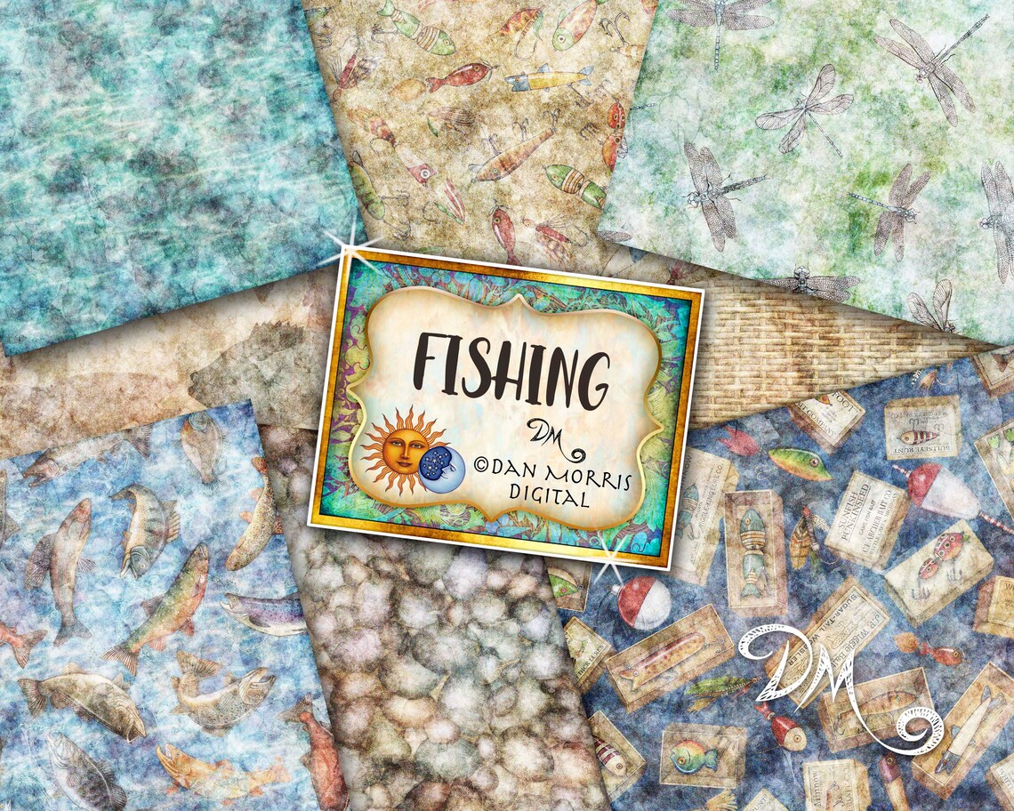 Fishing Digital Paper Set Digital Craft Paper Instant - Etsy