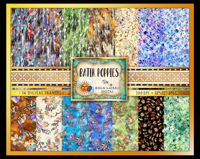 Batik Poppies Digital Paper Set , Digital Craft Paper, Instant Download ...