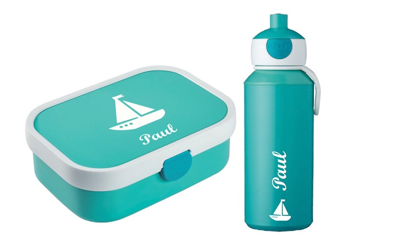 Brotdose und Trinkflasche im Set mit Name und Wunschmotiv, Geschenk für Schule und Kita für ...