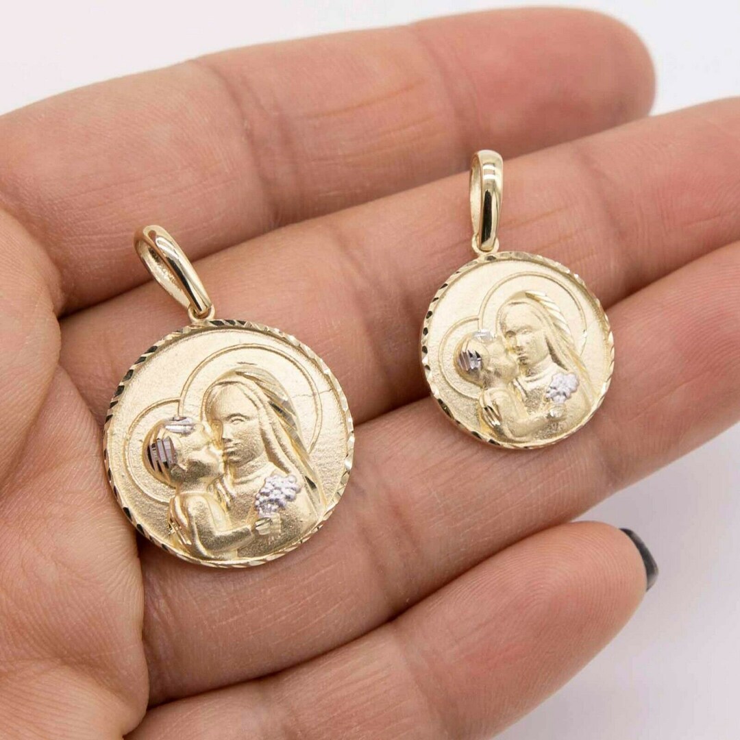 Textured Mother & Child Medallion Pendant Real 10K Yellow White Gold ...