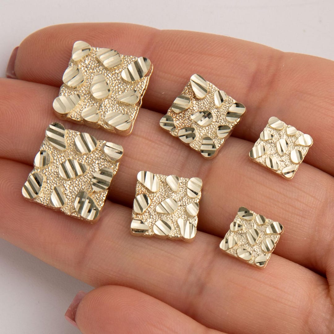 Solid 10K Diamond-cut Square Nugget Stud Earrings Yellow Gold All Sizes ...