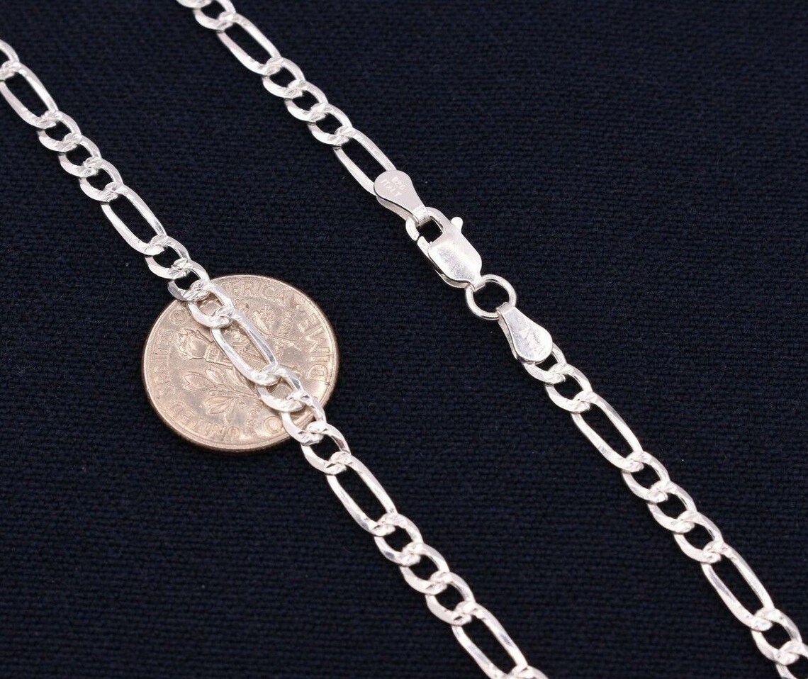 4mm Italian Figaro Pave Diamond Cut Link Chain Necklace Real Sterling ...