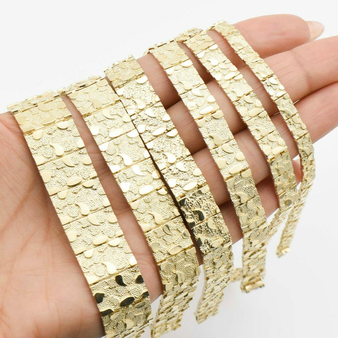 Nugget Textured Rectangle Edge Link Bracelet Real 10K Yellow Gold - Etsy