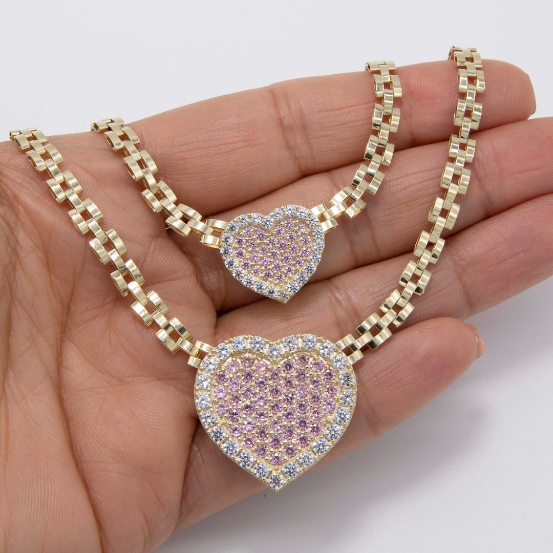 CZ Pink Heart Rlx Railroad Chain Necklace Real 10K Yellow Gold All ...