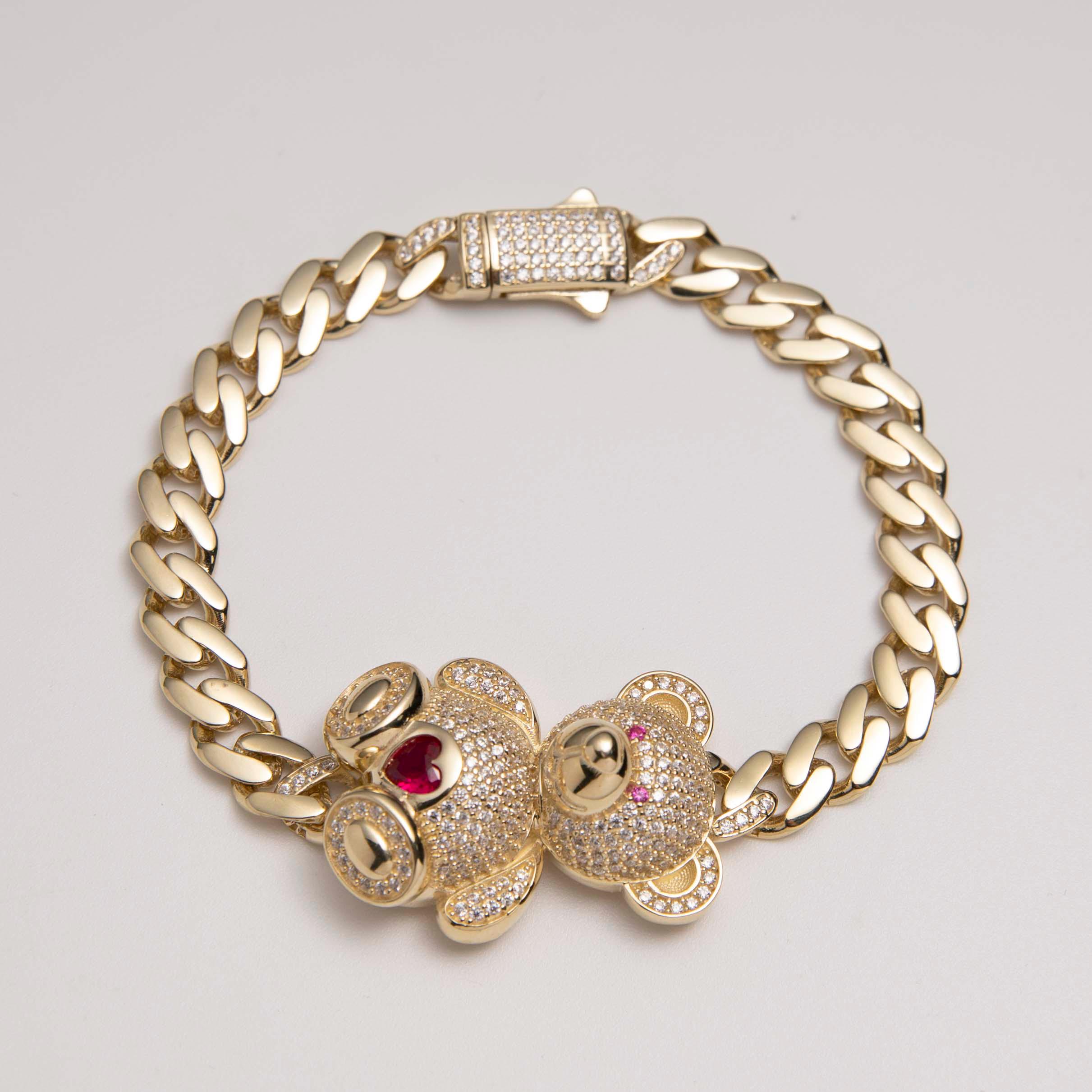 Pink Teddy Bear Cuban Link Chain Bracelet Box Lock Real 10K Yellow Gold ...
