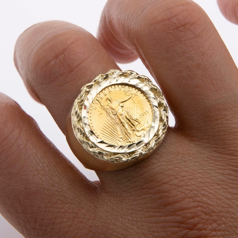 Rope Chain Framed Coin Signet Ring Solid 10K Yellow Gold All Sizes - Etsy