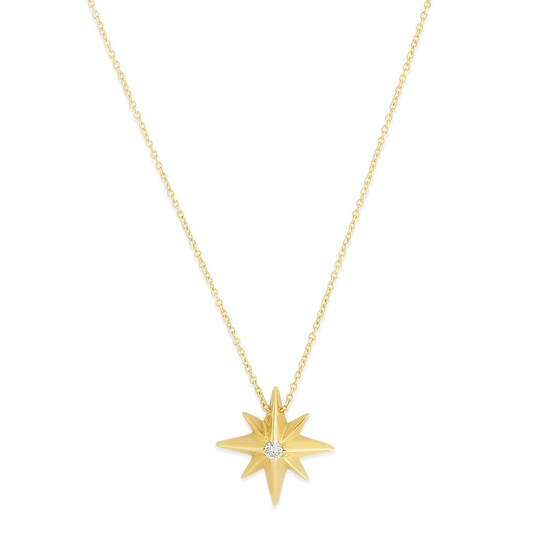 Shiny North Star 0.03ct Diamond Pendant Necklace Real 14K Yellow Gold ...