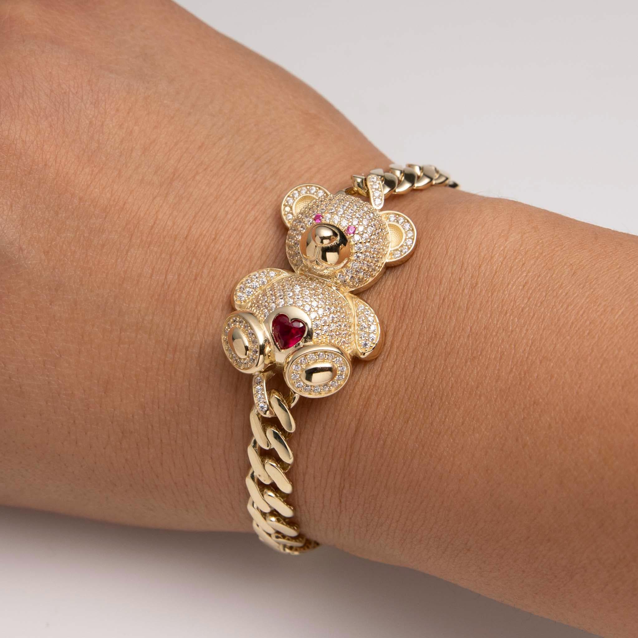 Pink Teddy Bear Cuban Link Chain Bracelet Box Lock Real 10K Yellow Gold ...