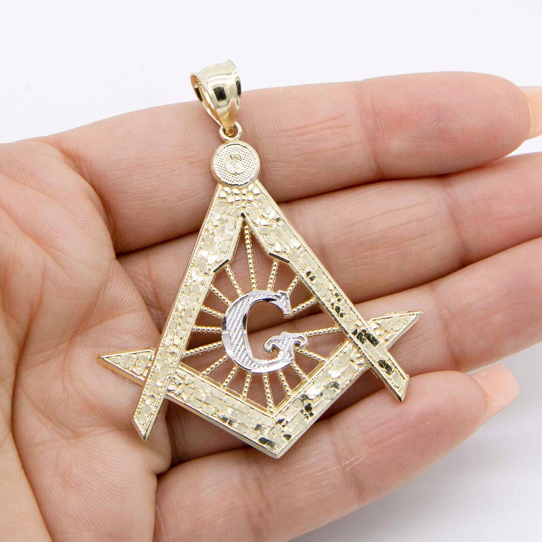 2 1/4" the Square and Compasses Masonic Pendant 10K Yellow White Gold ...