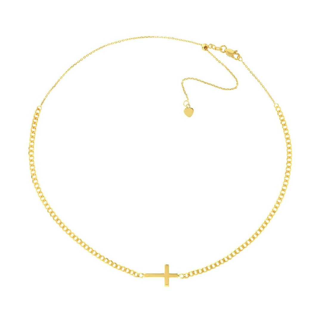 Adjustable Miami Cuban Cross Choker Chain Necklace Real 14K Yellow Gold ...