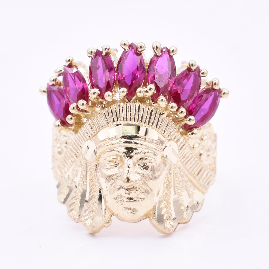 Men's Native American Indian Head Ruby Red CZ Solid 10K Yellow Gold ALL ...