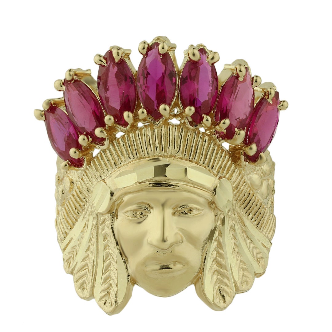 Men's Native American Indian Head Ruby Red CZ Solid 10K Yellow Gold ALL ...