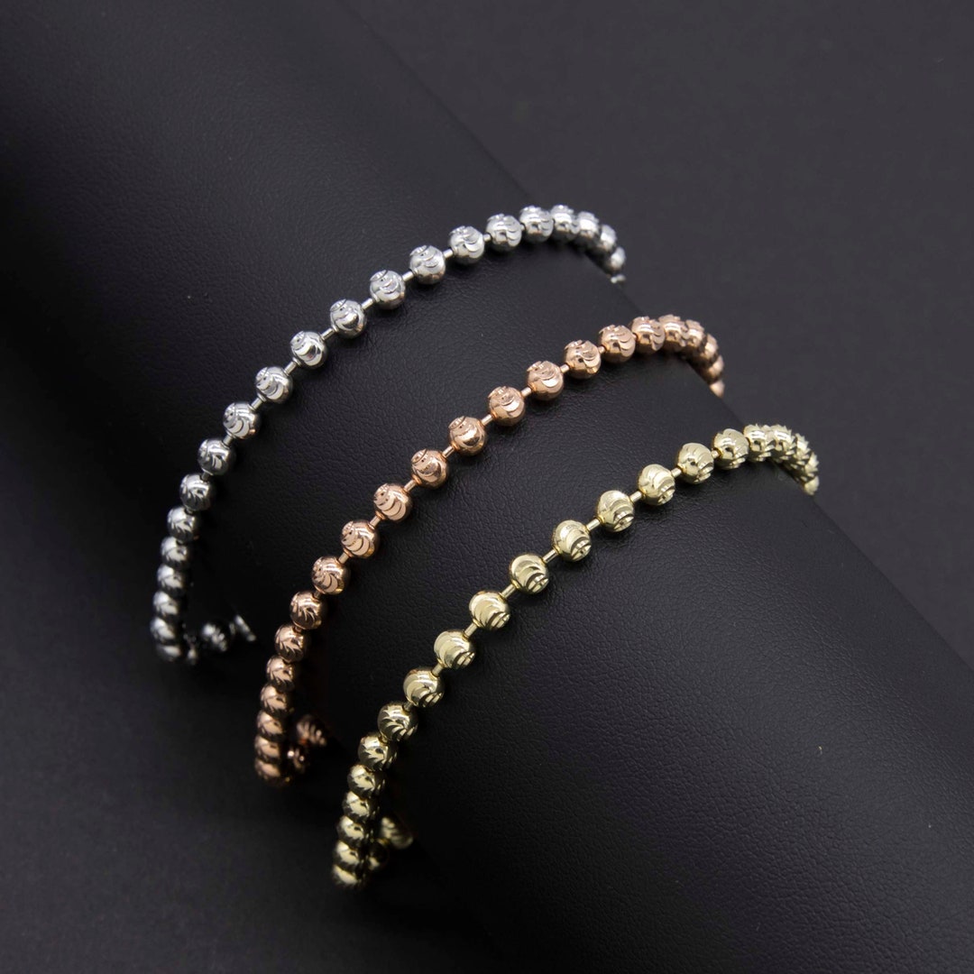 Men's Moon Cut Bead Ball Dog Tag Bracelet Real 14K Yellow Rose White ...