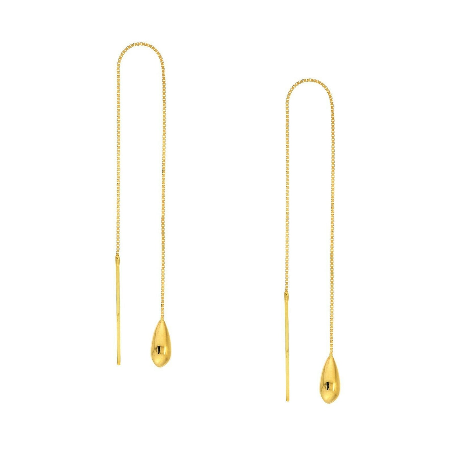 Tear Drop Box Chain Threader Earrings Real 14k Yellow Gold - Etsy