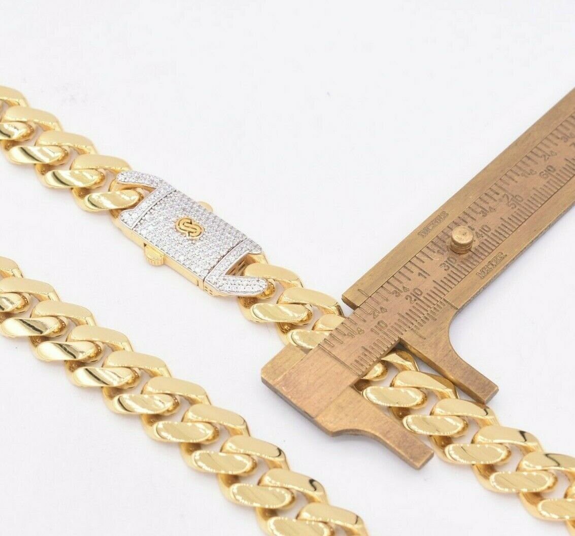13mm Miami Cuban Royal Link Chain Necklace CZ Box Clasp Real 14K Yellow ...