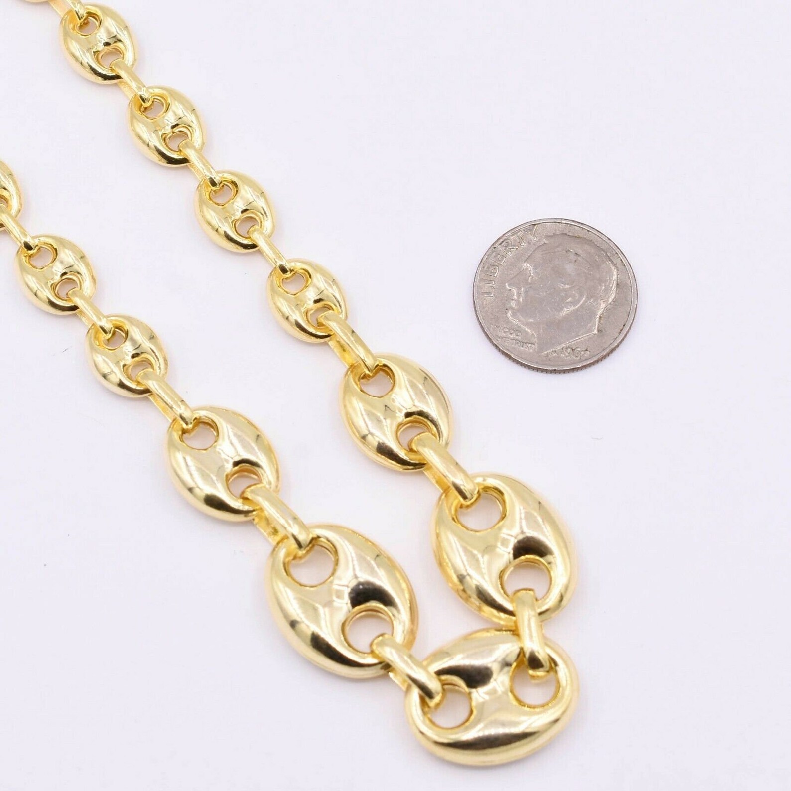 Graduated Puffed Mariner Chain Necklace 14K Yellow Gold Clad Silver 925 ...