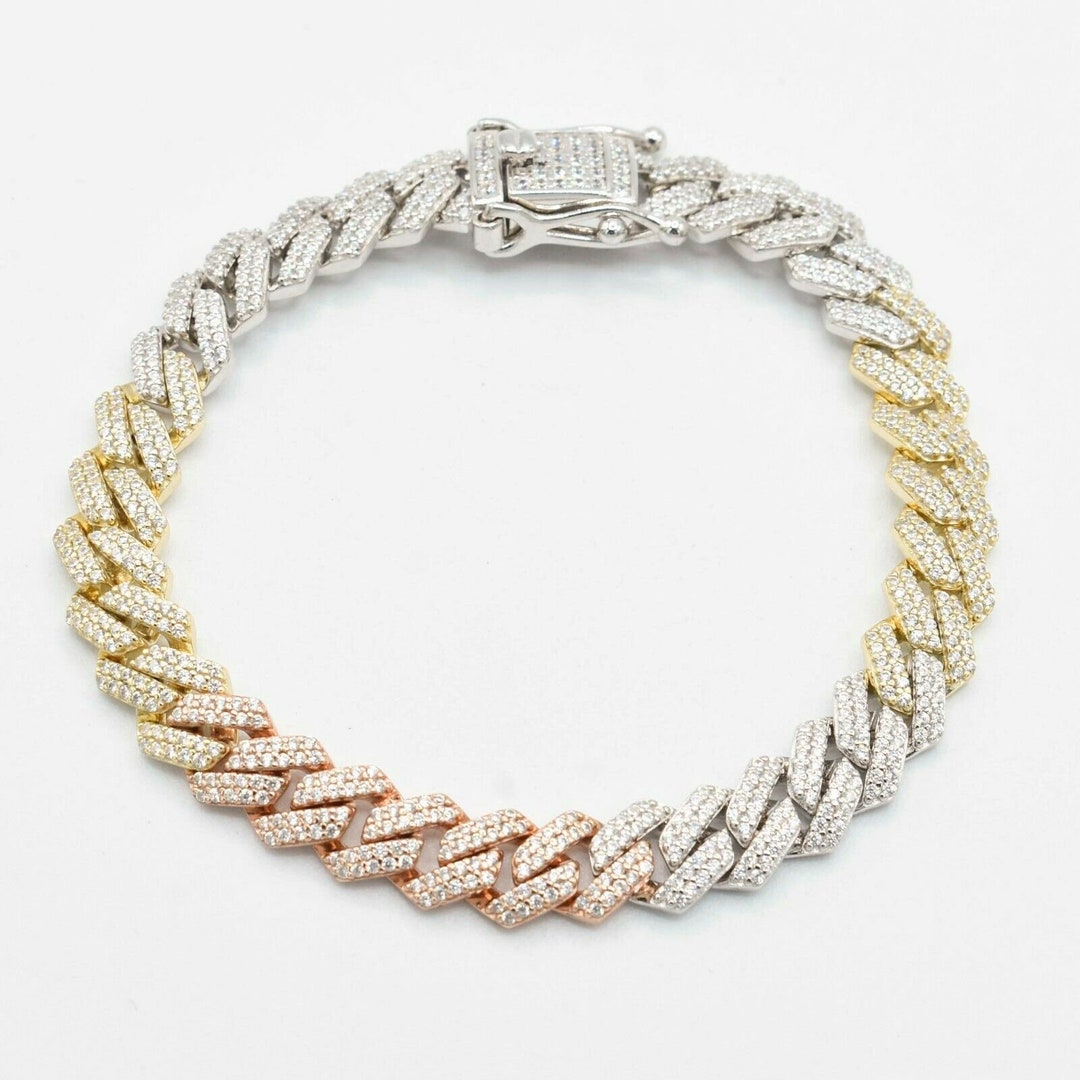 8.5mm Edge Miami Cuban Chain CZ Box Bracelet 14K Tri-color Gold Clad ...