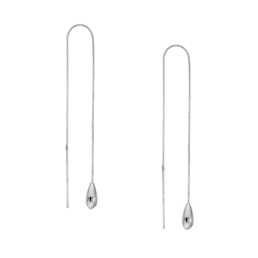 Tear Drop Box Chain Threader Earrings Real 14k White Gold - Etsy