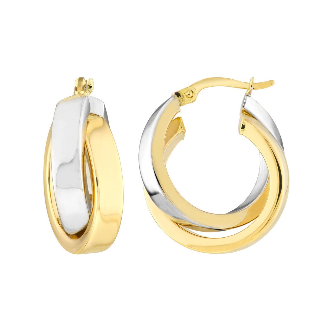 7/8" Two-tone Criss-cross Tube Round Hoop Earrings Real 14K Yellow ...