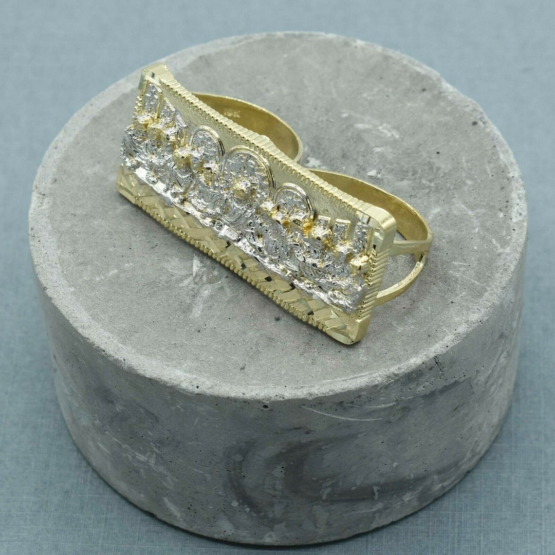 Double Finger Rectangle Last Supper Textured Ring Real 10K | Etsy