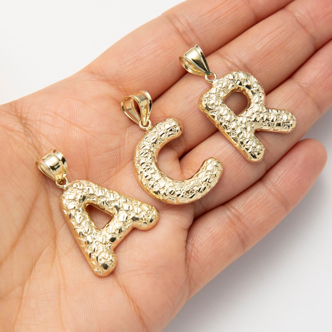 1 3/8" Nugget Design Bubble Initial Letter Pendant Real 10K Yellow Gold ...