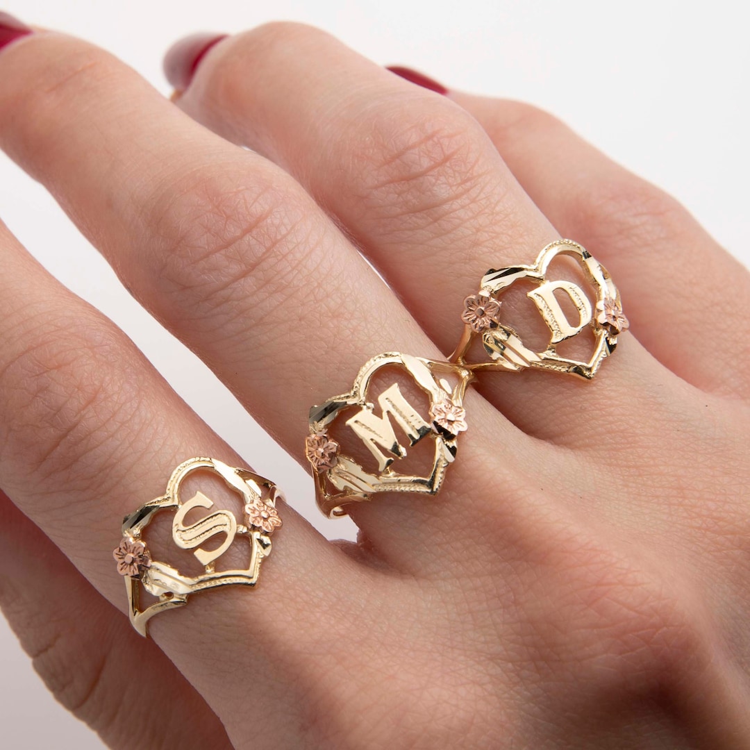Cutout Heart Flower Initial Letter Ring 10K Yellow Rose Gold - Etsy