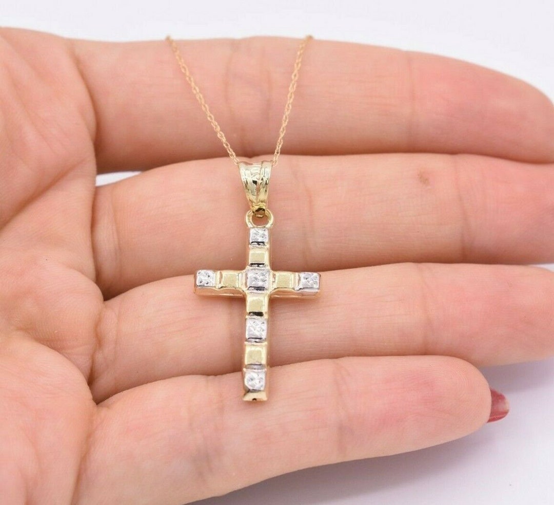 Reversible Cross Textured Two-tone Pendant Necklace Real 10K Yellow ...