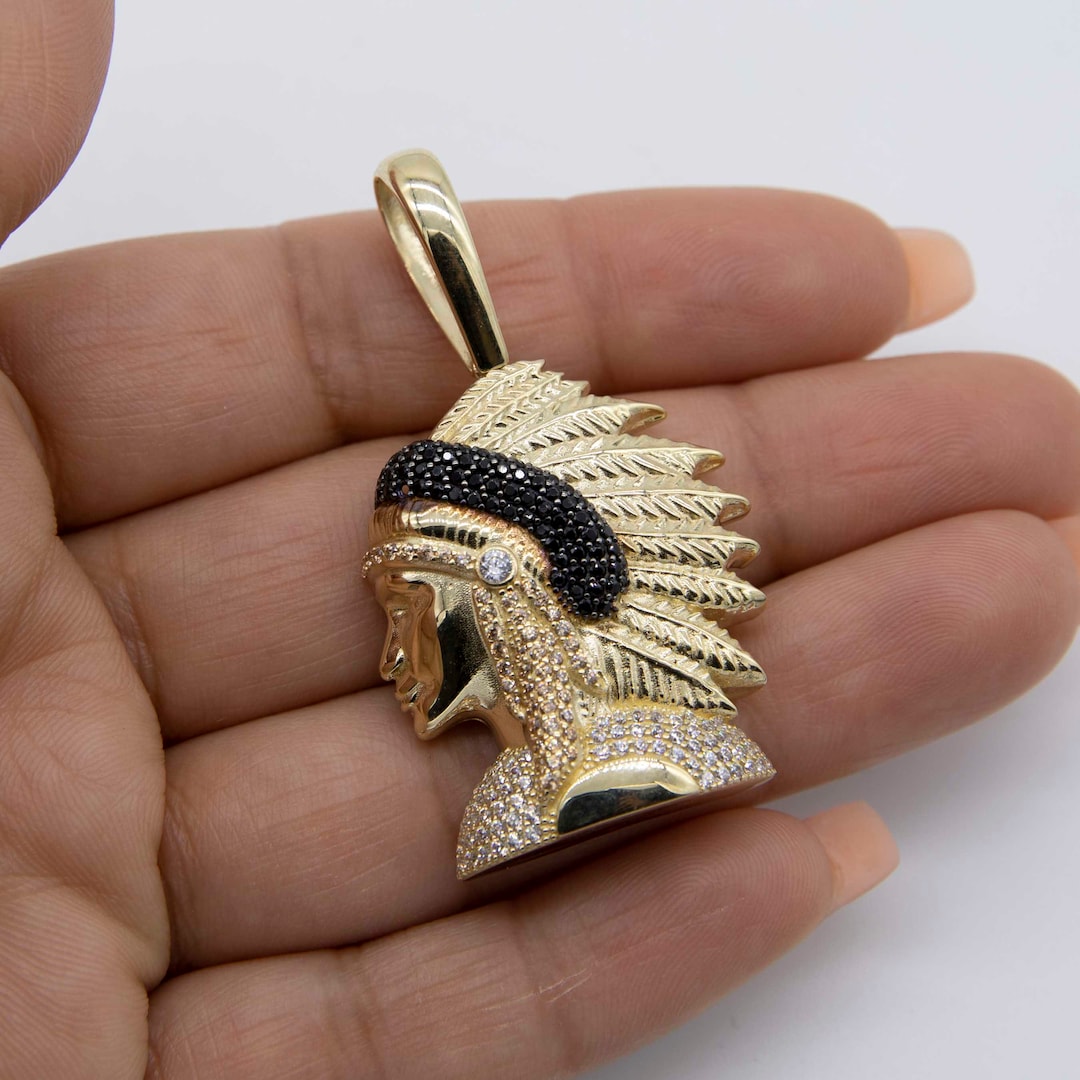 2" CZ Indian Chief Pendant Real 10K Yellow Gold - Etsy