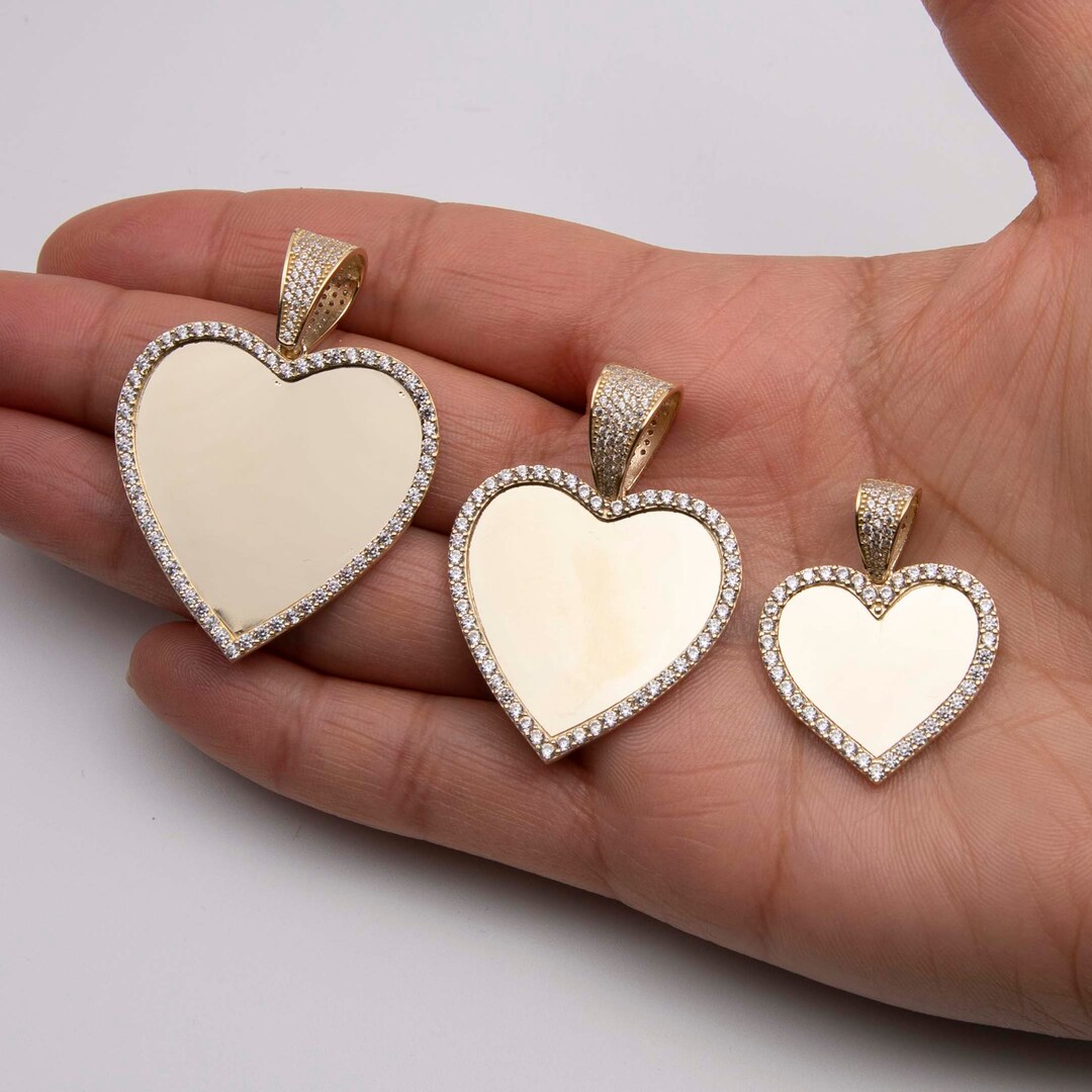 Heart Medallion Picture Frame Memory CZ Charm Pendant Real SOLID 10K ...