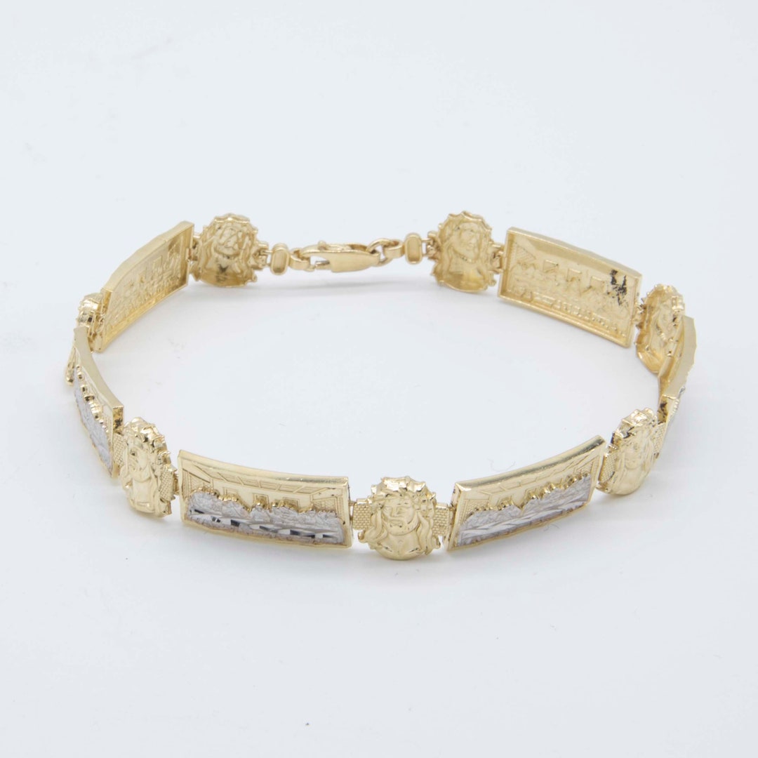 10mm Diamond-cut Last Supper Jesus Link Bracelet 10K Yellow White Gold ...