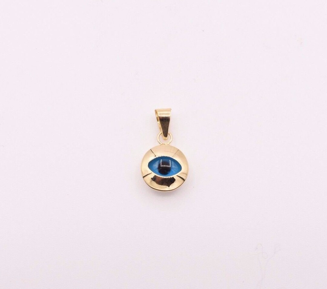 3D Ocean Blue Evil Eye Good Luck Round Charm Pendant Real 14K Yellow ...