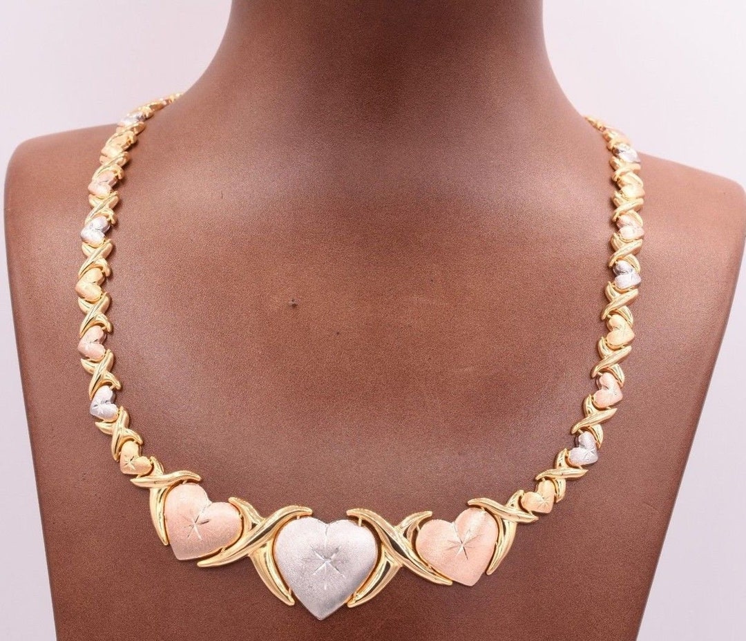 Graduated Hearts & Kisses Chain Necklace 14K Yellow White Rose Gold ...