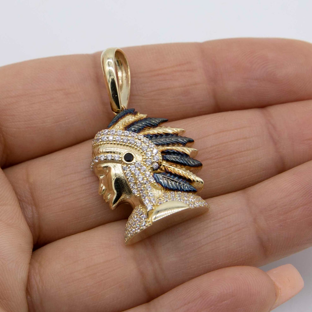 1 1/2" CZ Indian Chief Pendant Real 10K Yellow Gold - Etsy