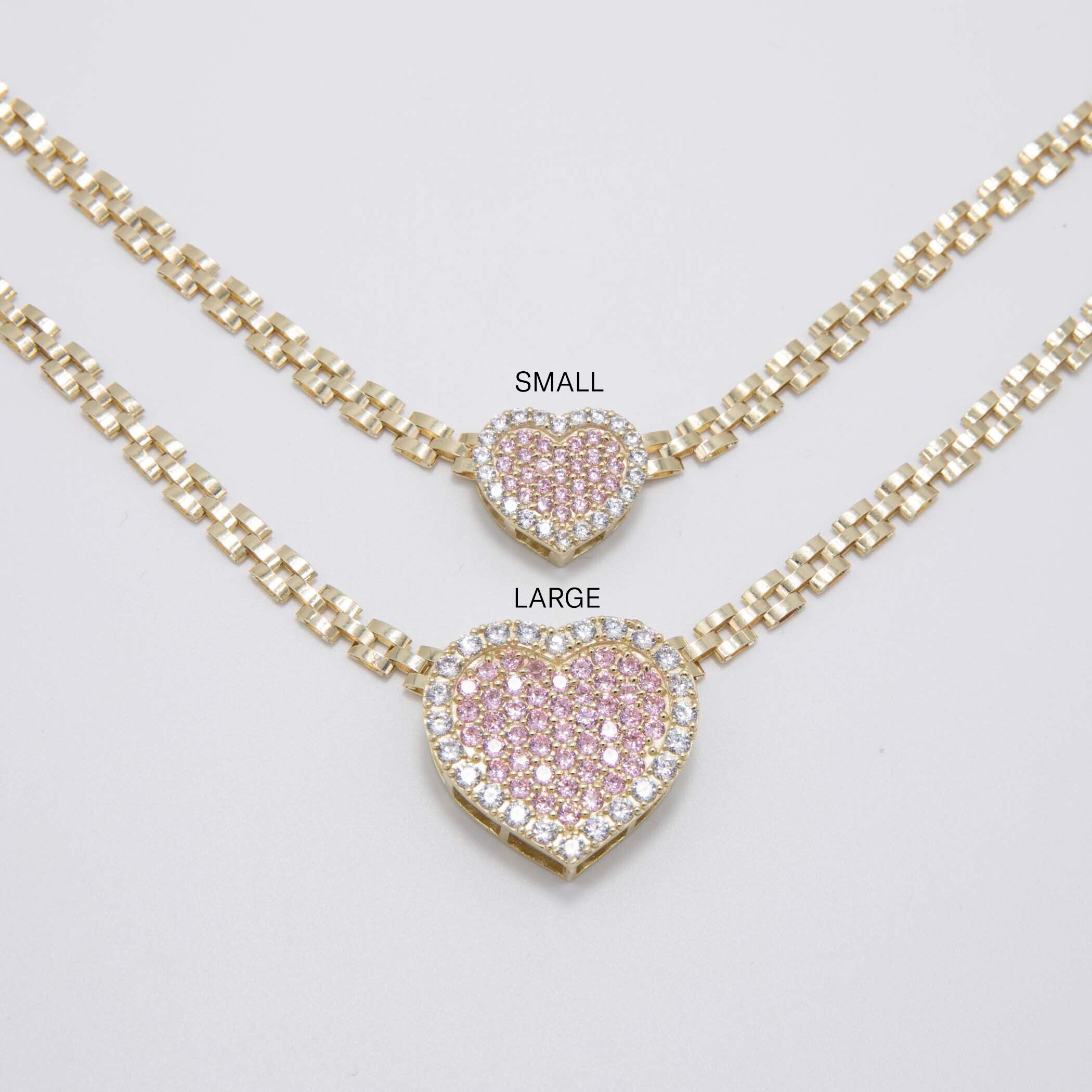 CZ Pink Heart Rlx Railroad Chain Necklace Real 10K Yellow Gold All ...