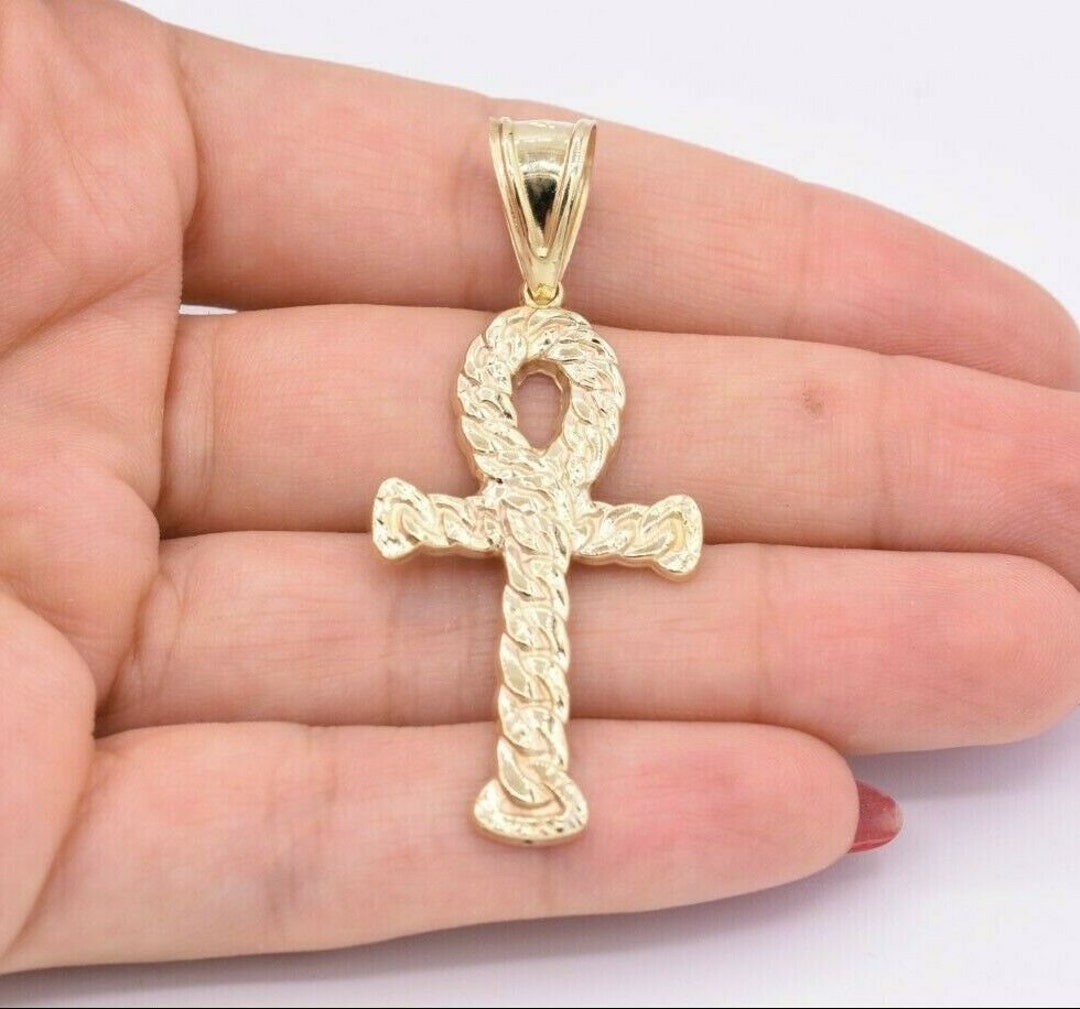 2 Huge Ankh Cross Jesus Pendant Charm Diamond Cut Real 10K Yellow Gold ...