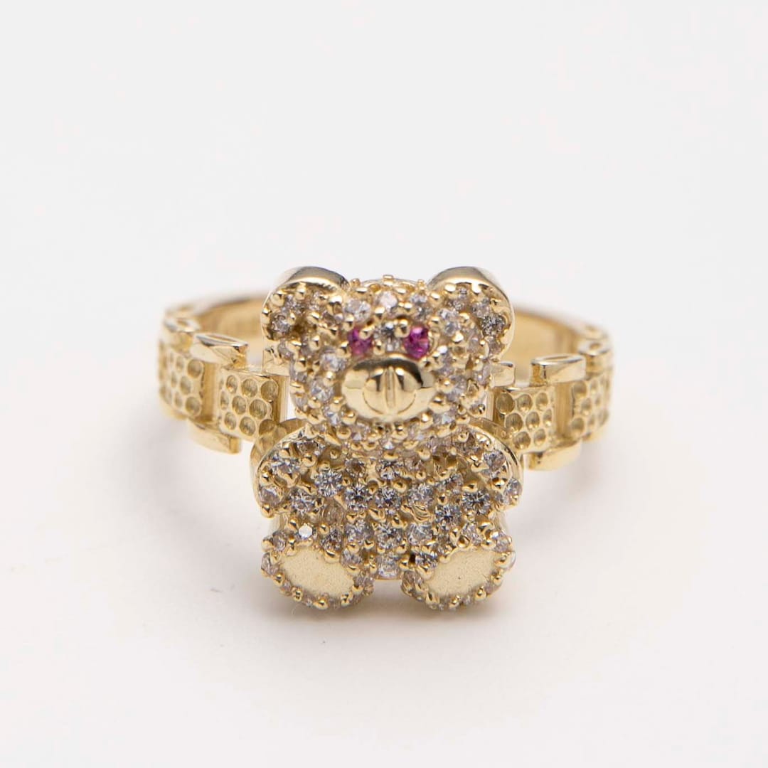 Pink Eyes Teddy Bear Ring Solid 10K Yellow Gold Size 6.5 - Etsy
