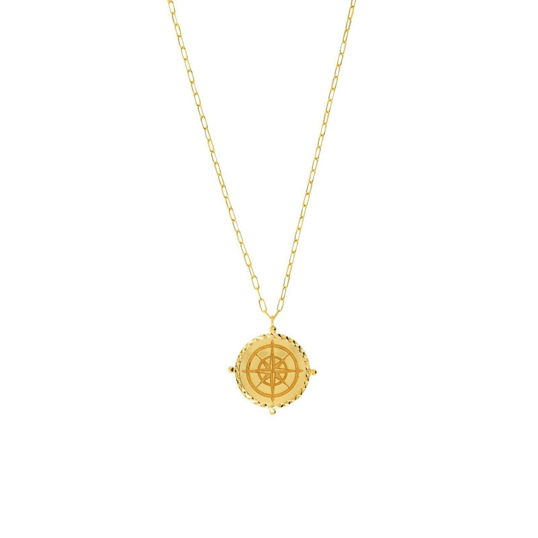 Compass Medallion With Paperclip Chain Necklace Real 14K Yellow Gold 22 ...