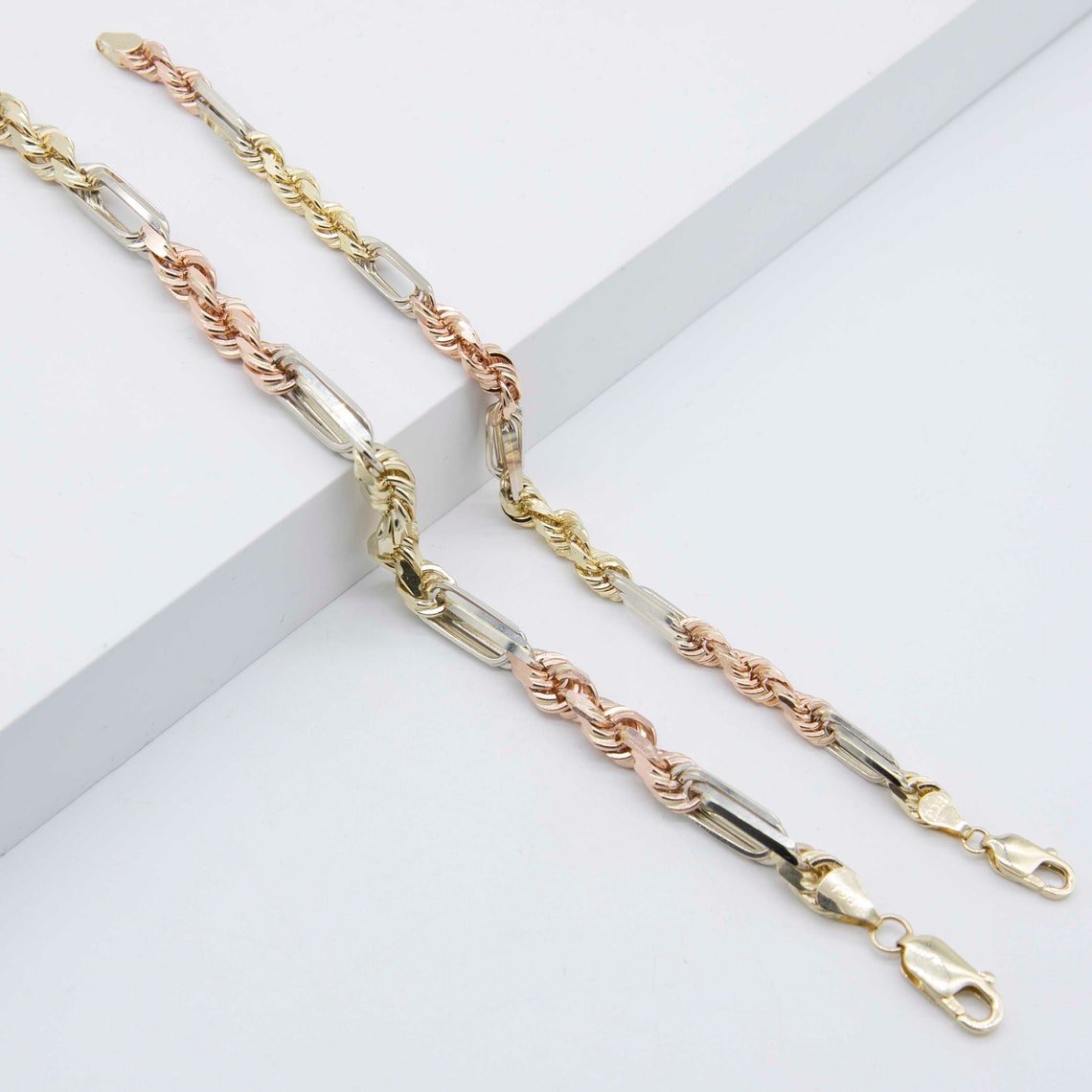 Milano Figaro Rope Chain Bracelet Real 14K Tricolor Gold All Sizes - Etsy