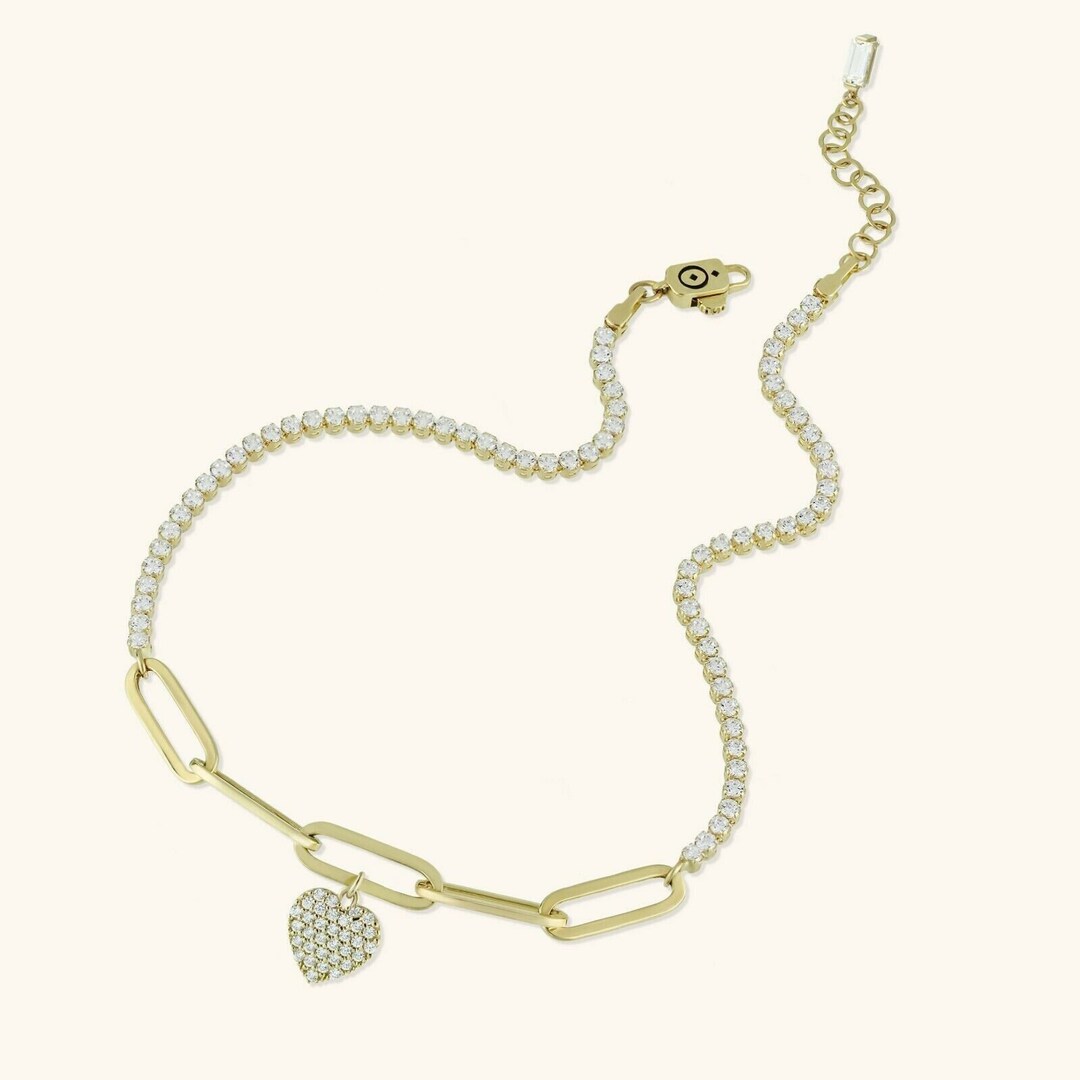 Paperclip CZ Medium Heart Charm Ankle Anklet Real 14K Yellow Gold up to ...