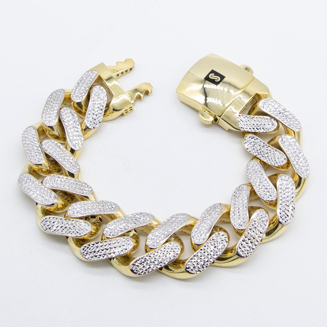24mm Miami Cuban Diamond Cut Link Bracelet Two-tone Real 10K Yellow ...
