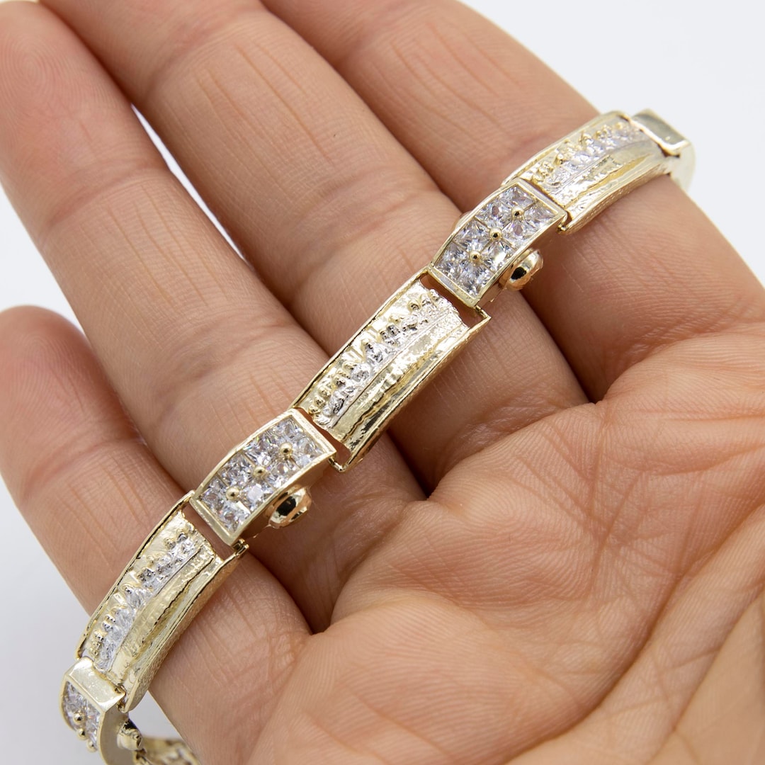 Diamond-cut CZ Last Supper Bracelet Solid Real 10K Yellow White Gold 8. ...