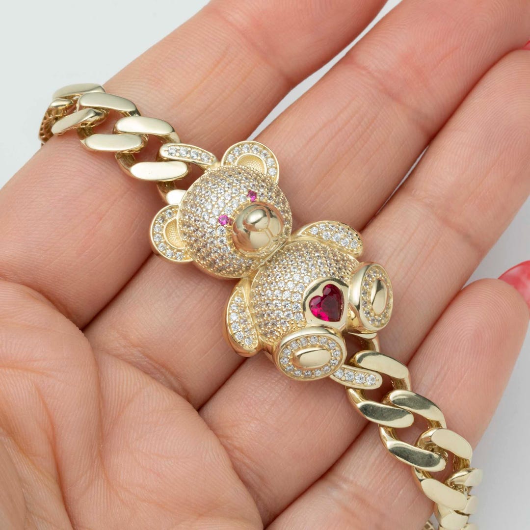 Pink Teddy Bear Cuban Link Chain Bracelet Box Lock Real 10K Yellow Gold ...