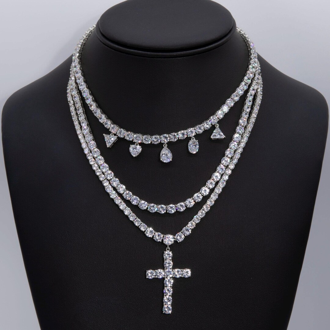 Triple-strand Dangling Cross CZ Tennis Necklace Yellow White Sterling ...
