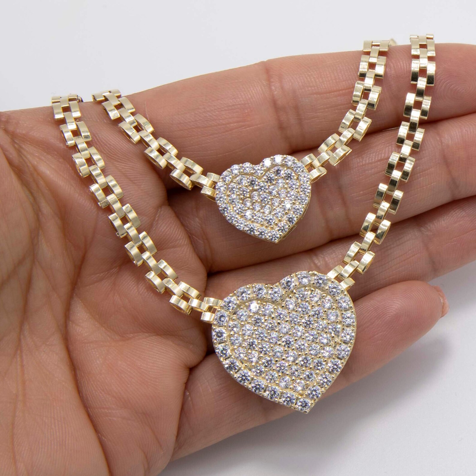 CZ Heart Rlx Railroad Chain Necklace Real 10K Yellow Gold All Sizes - Etsy