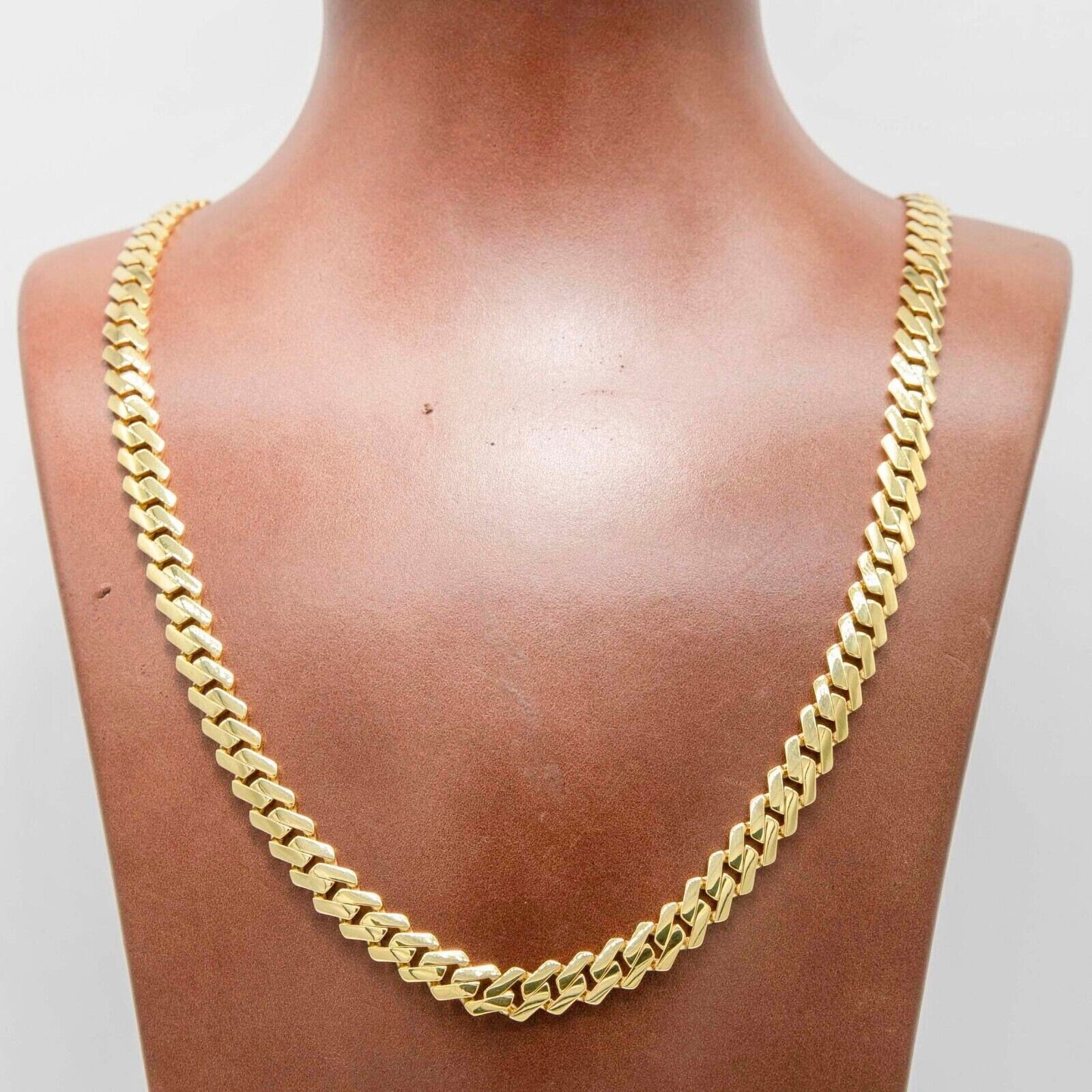 7.5mm Edge Miami Cuban Link Monaco Chain Necklace CZ Lock Real 10K Yellow Gold