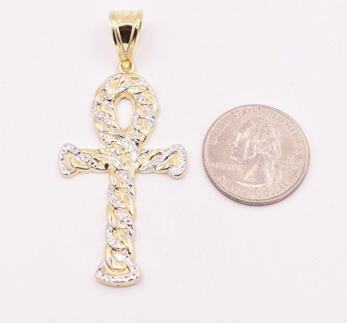 2.5" Huge Ankh Cross Jesus Pendant Charm Diamond Cut Real 10K Yellow ...