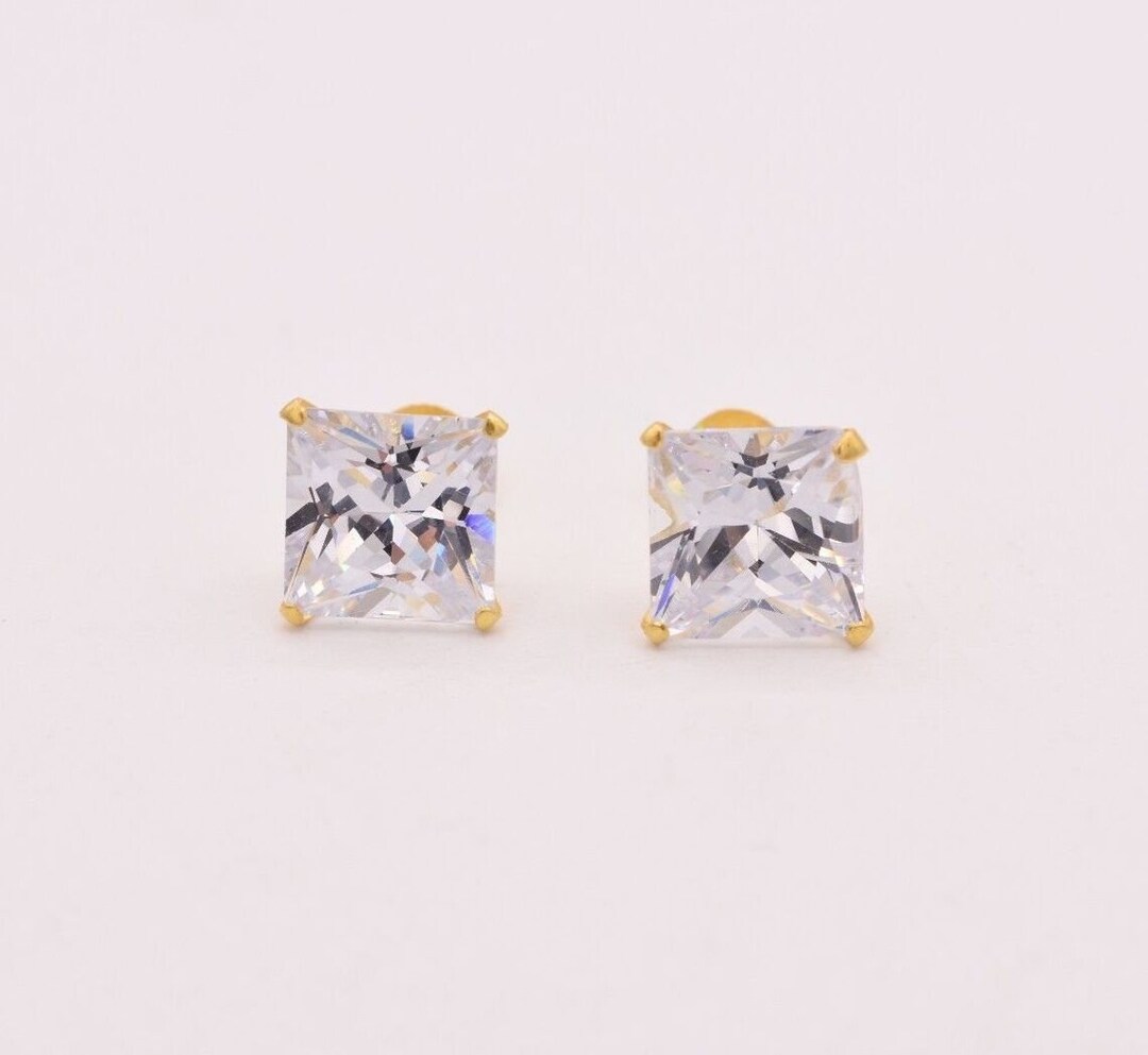 Diamonique CZ Prong Set Princess Stud Earrings 14K Yellow Gold Clad ...