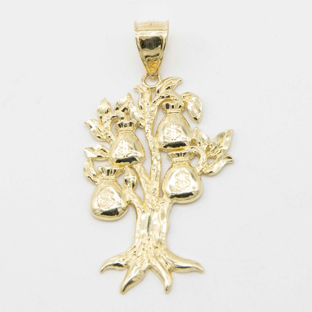 1 3/4" Diamond-cut Money Bag Tree Luck Pendant Solid Real 10K Yellow ...