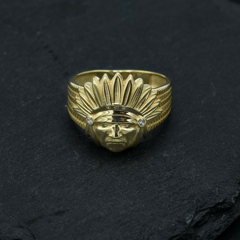 CZ Native American Indian Chief Ring Solid 10K Yellow Gold - Etsy